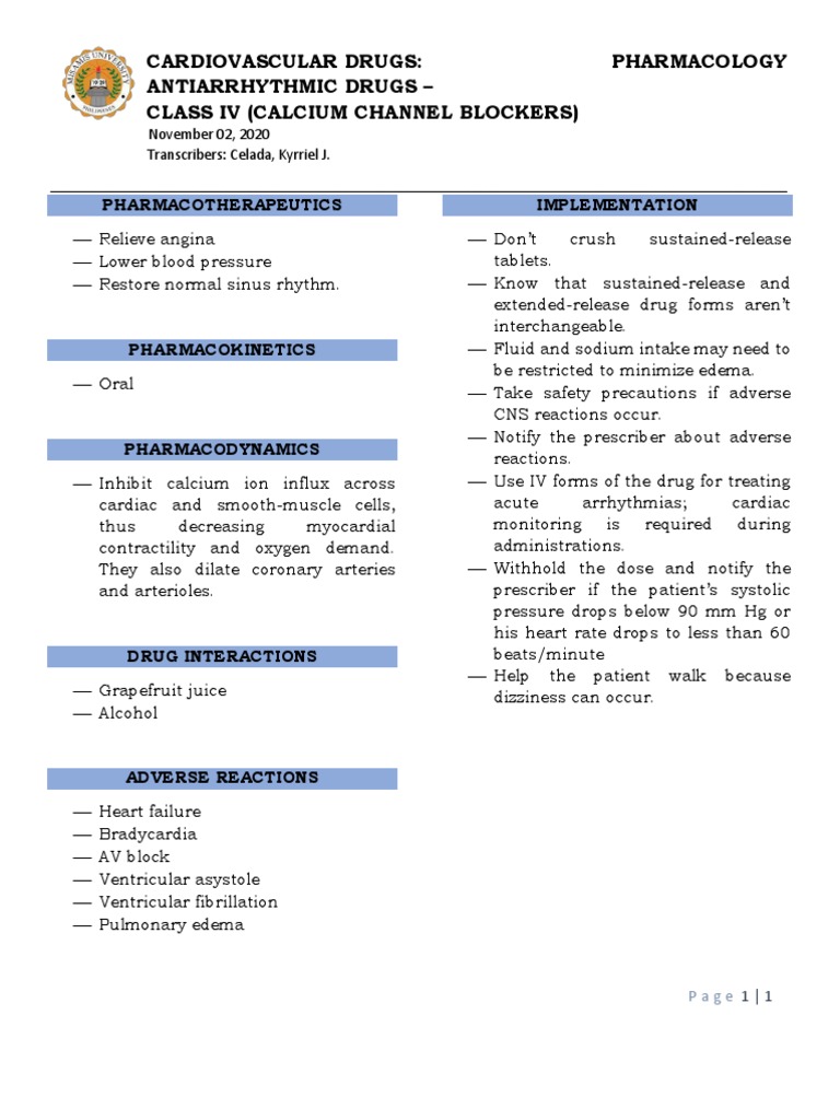 CardiacVascular Drugs (ANTIARRHYTHMIC DRUGS CLASS IV CALCIUM CHANNEL ...