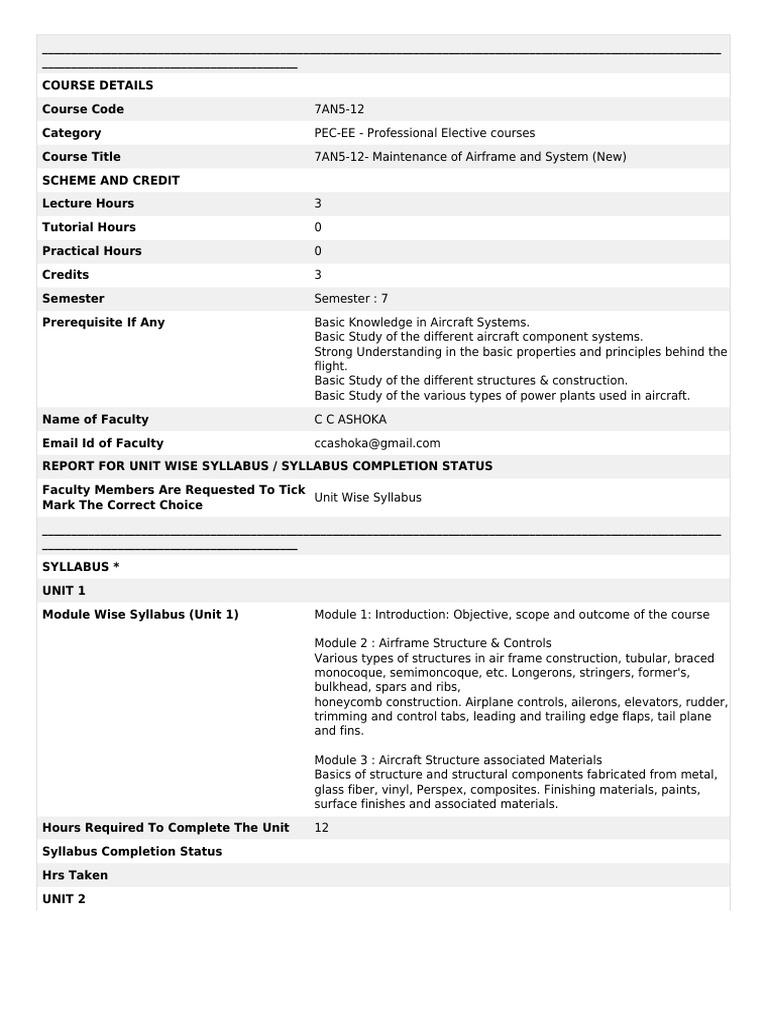Airframe Maintenance Course Syllabus | PDF | Landing Gear | Aircraft ...