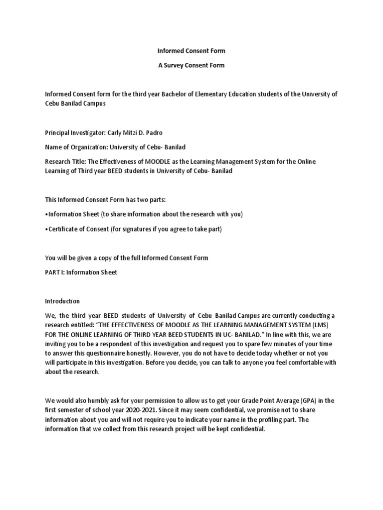 Informed Consent Form Sample | PDF | Questionnaire | Cognition