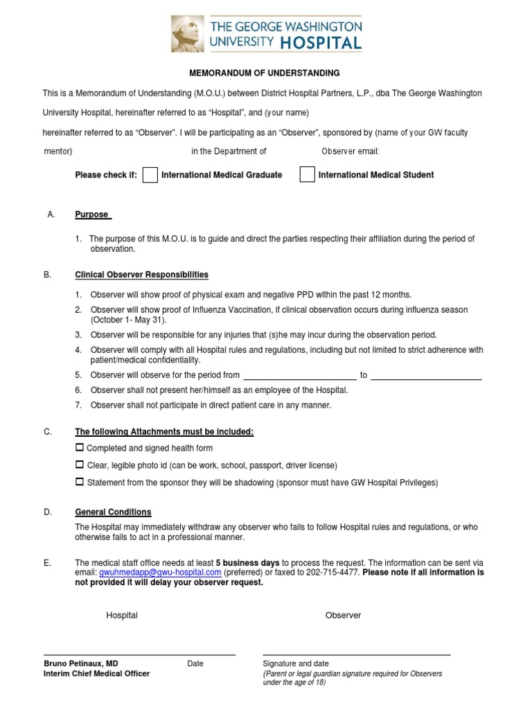 GW Hospital MOU & Observer Health Information Form | PDF | Tuberculosis | Hospital