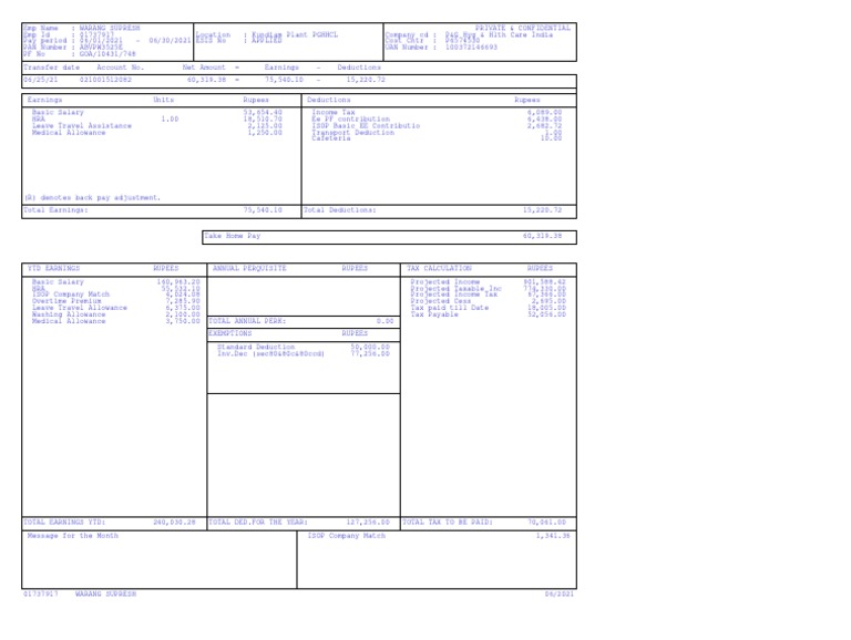 Payslip | PDF | Tax Deduction | Employee Benefits