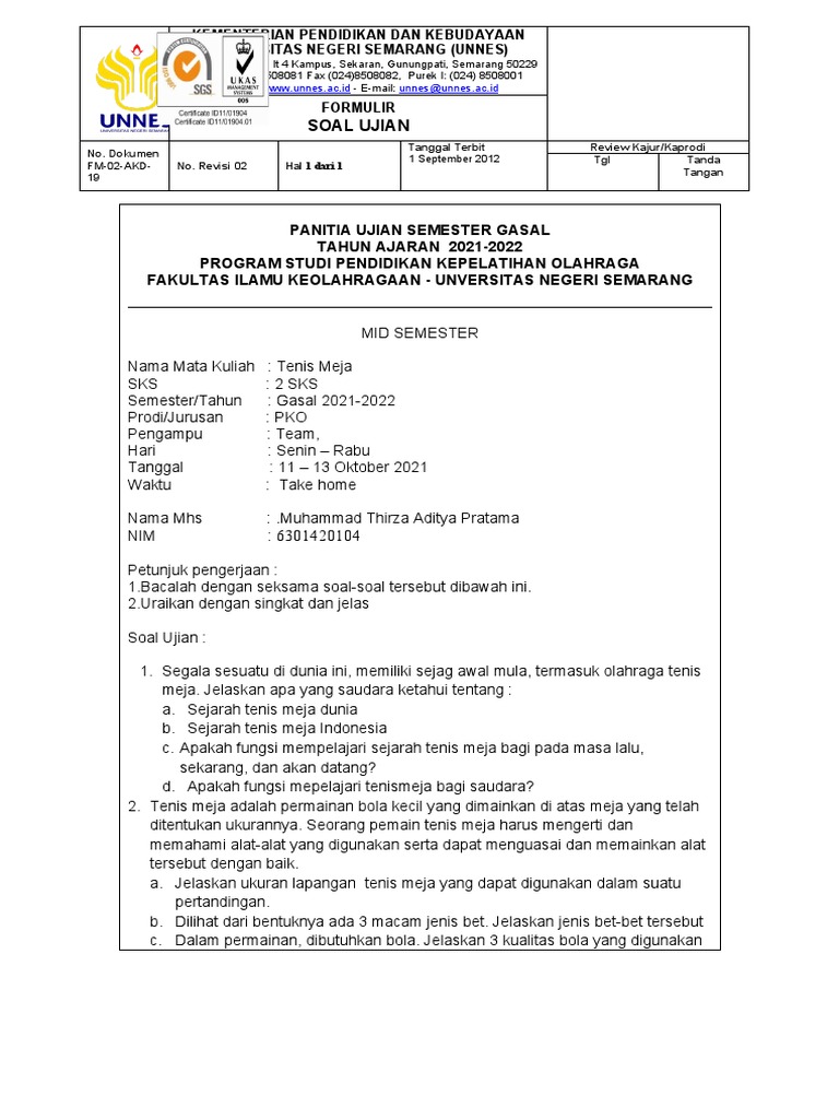 Mid SMT Soal Ujian Tenis Meja | PDF