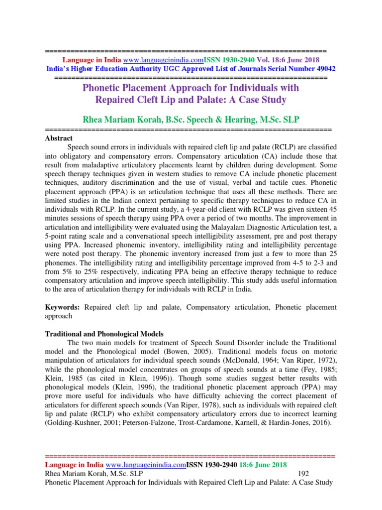 Phonetic Placement Approach For Individuals With Repaired Cleft Lip and ...