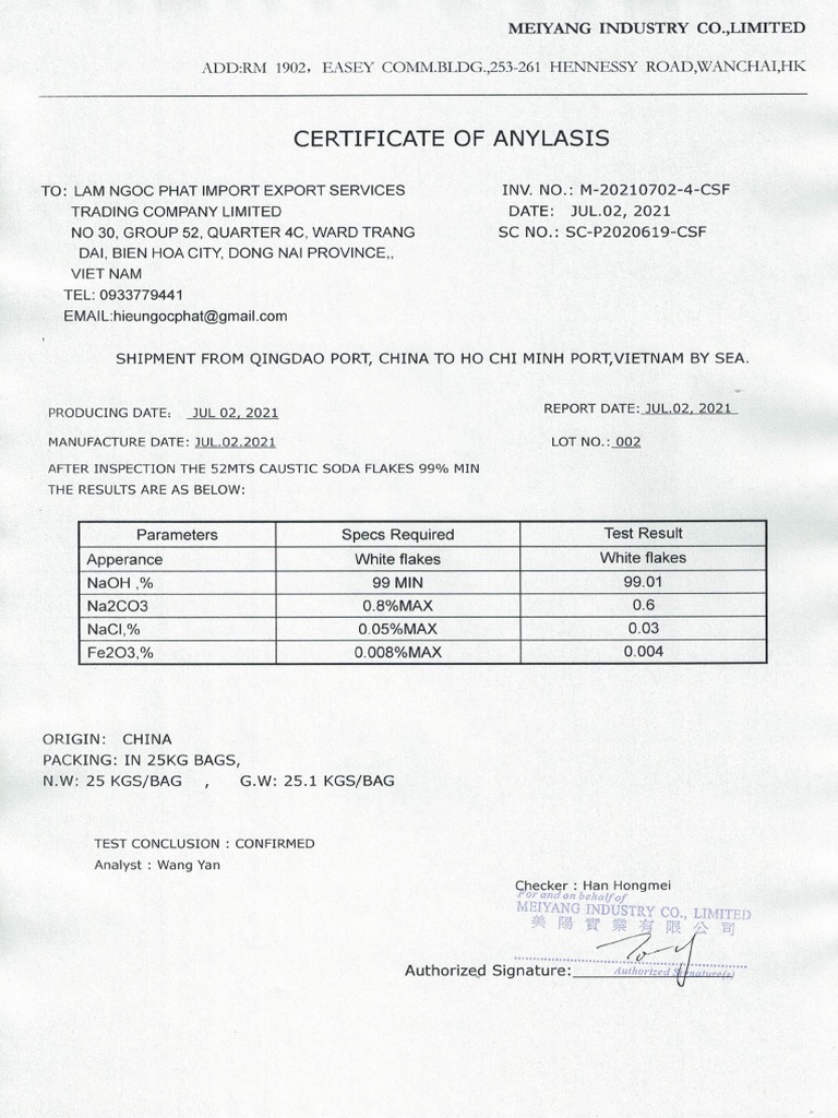 COA - NaOH 99% | PDF