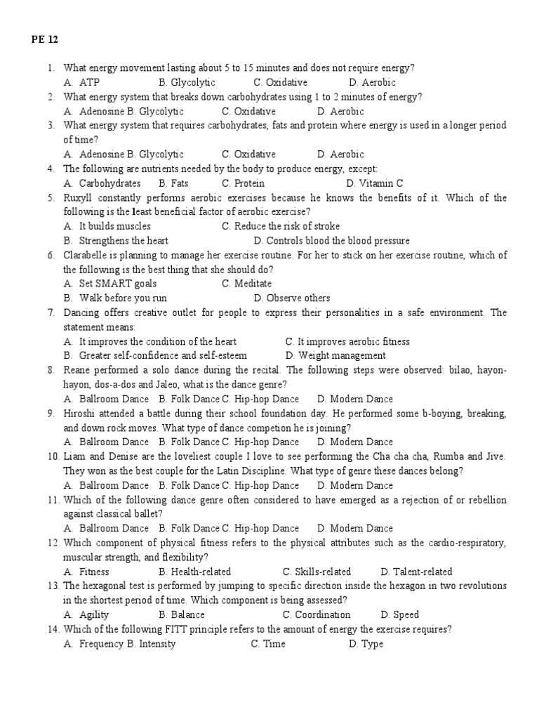 Pe 12 Exam Revisit | PDF | Glycolysis | Physical Exercise