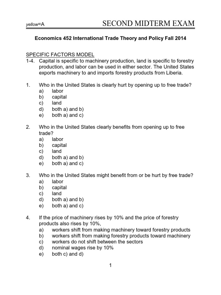 Second Midterm Exam: Economics 452 International Trade Theory and Policy Fall 2014 | PDF ...