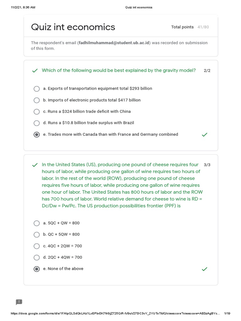 Quiz Int Economics | PDF | Comparative Advantage | Economies Of Scale