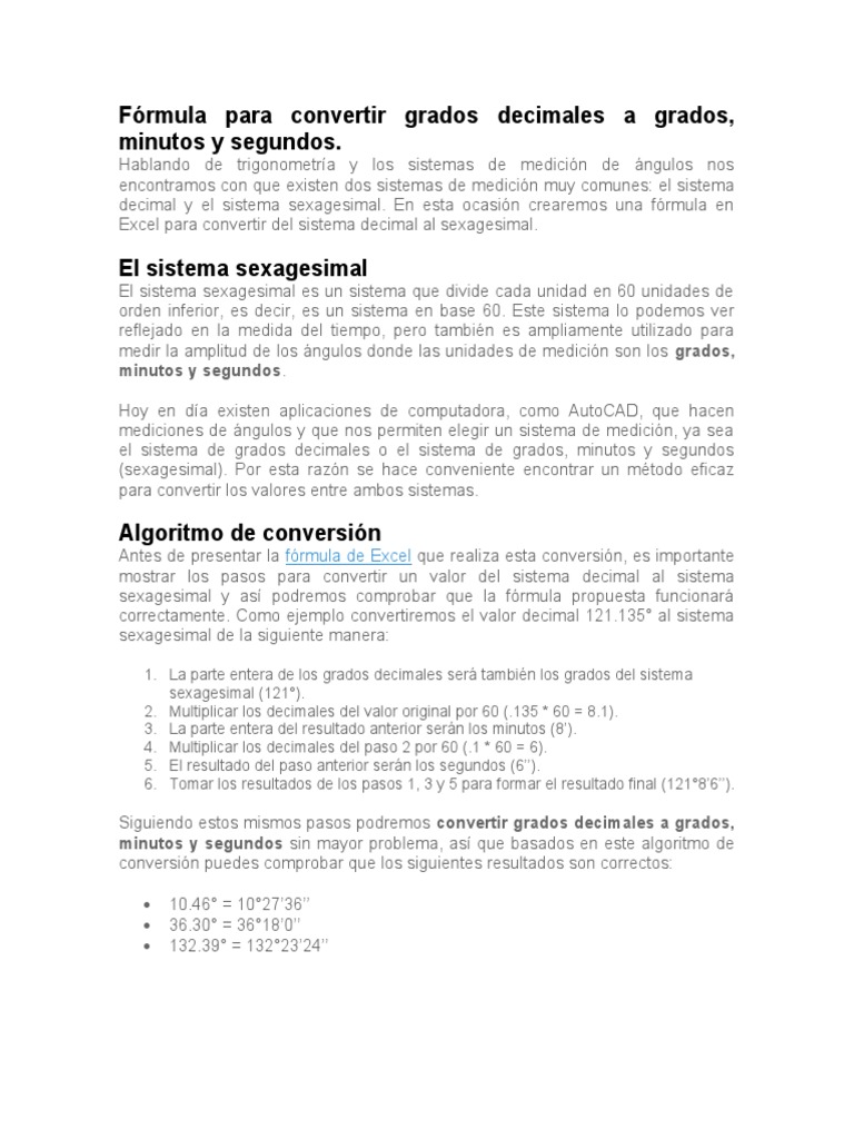 Conversión de Grados Decimales a Sexagesimales | PDF | Matemáticas