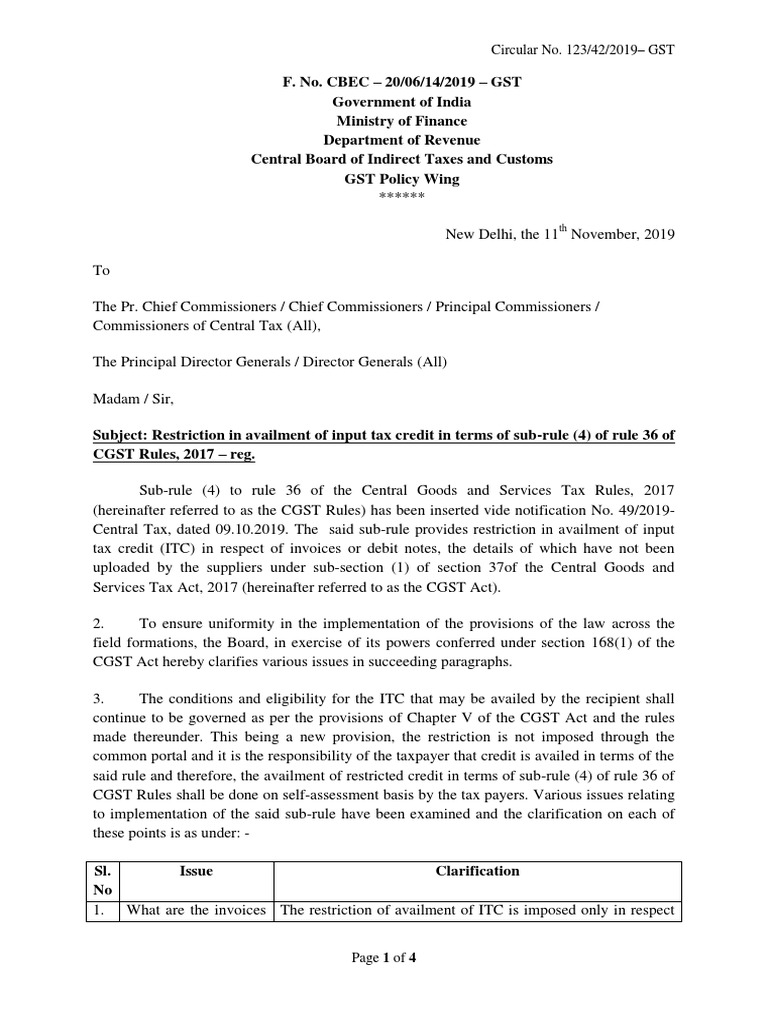 Circular CGST 123 | PDF | Invoice | Government