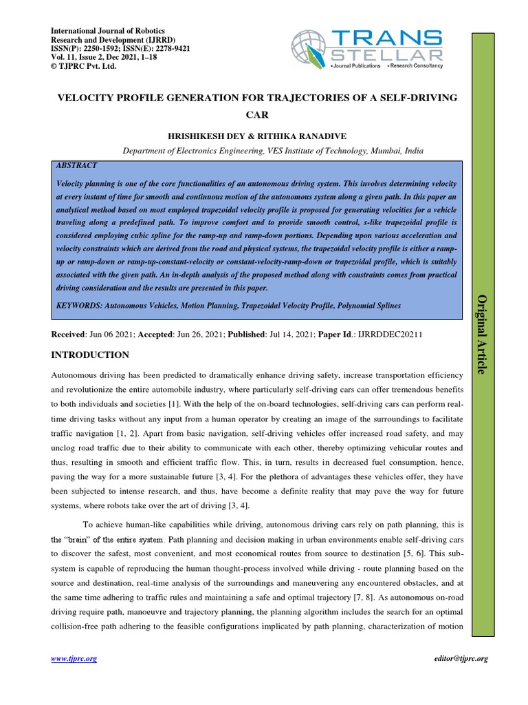 Velocity Profile Generation For Trajectories of A Self-Driving CAR ...