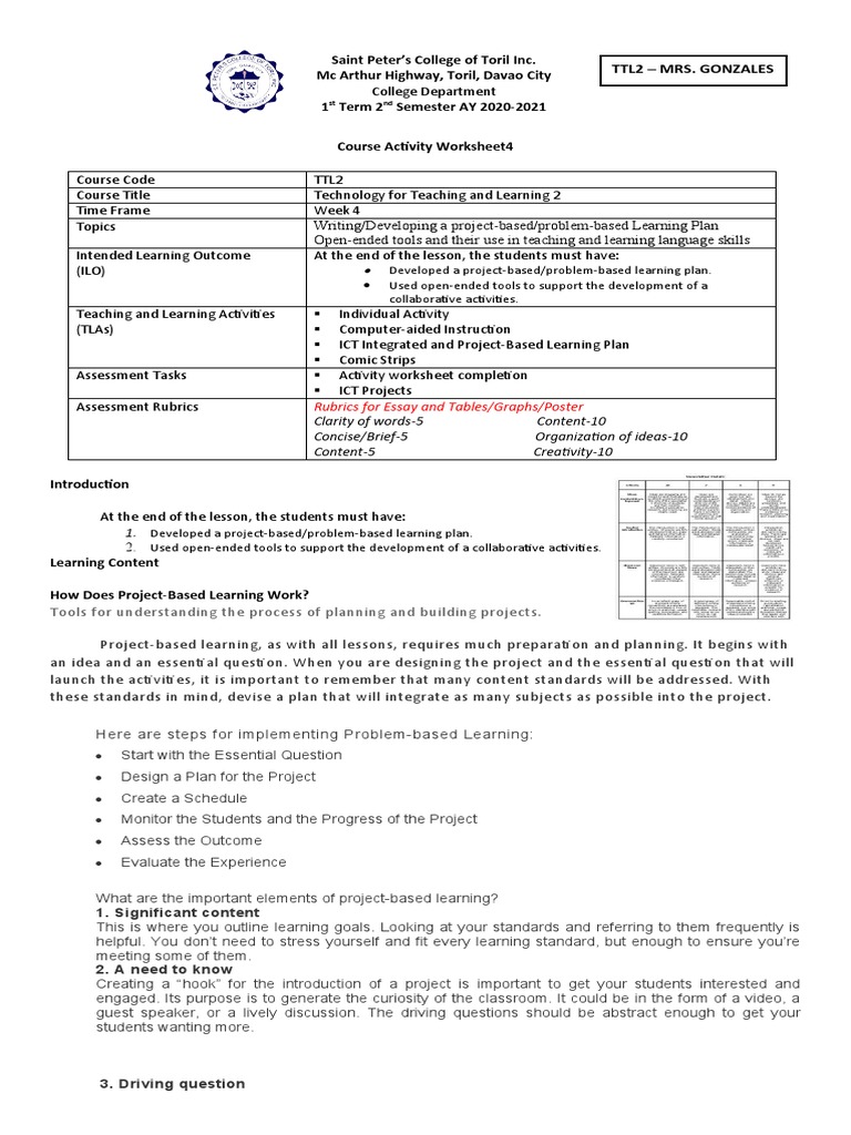 Course-Activity-Worksheet TTL2-W4-1 | PDF | Project Based Learning | Lesson Plan
