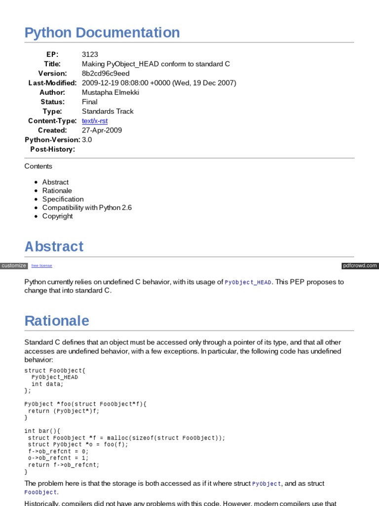 Making PyObject - HEAD Conform To Standard C | PDF | Pointer (Computer ...