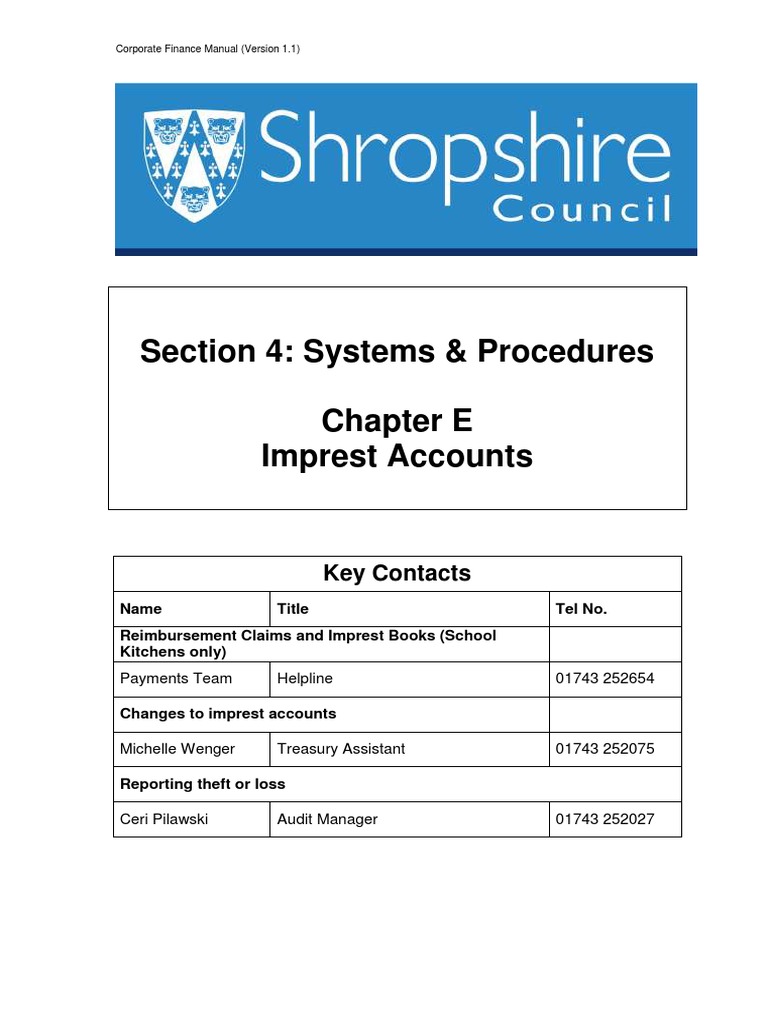 Section 4: Systems & Procedures Chapter E Imprest Accounts: Key Contacts | PDF | Cheque | Payments