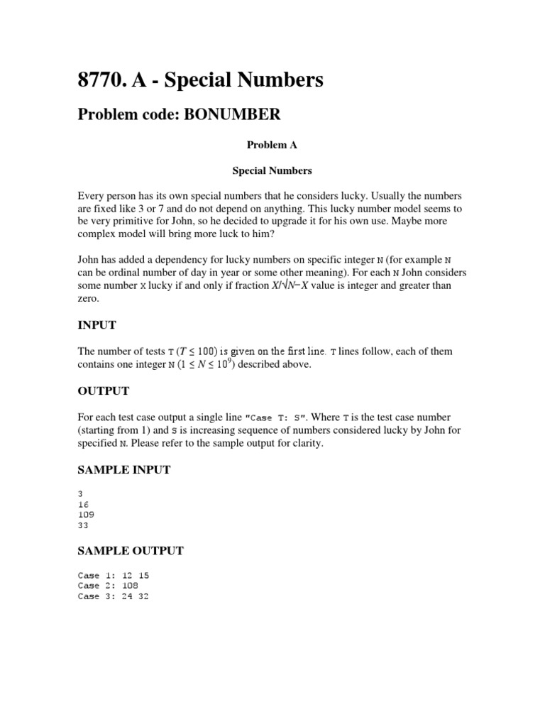 A - Special Numbers: Problem Code: BONUMBER | PDF | Arithmetic | Discrete Mathematics