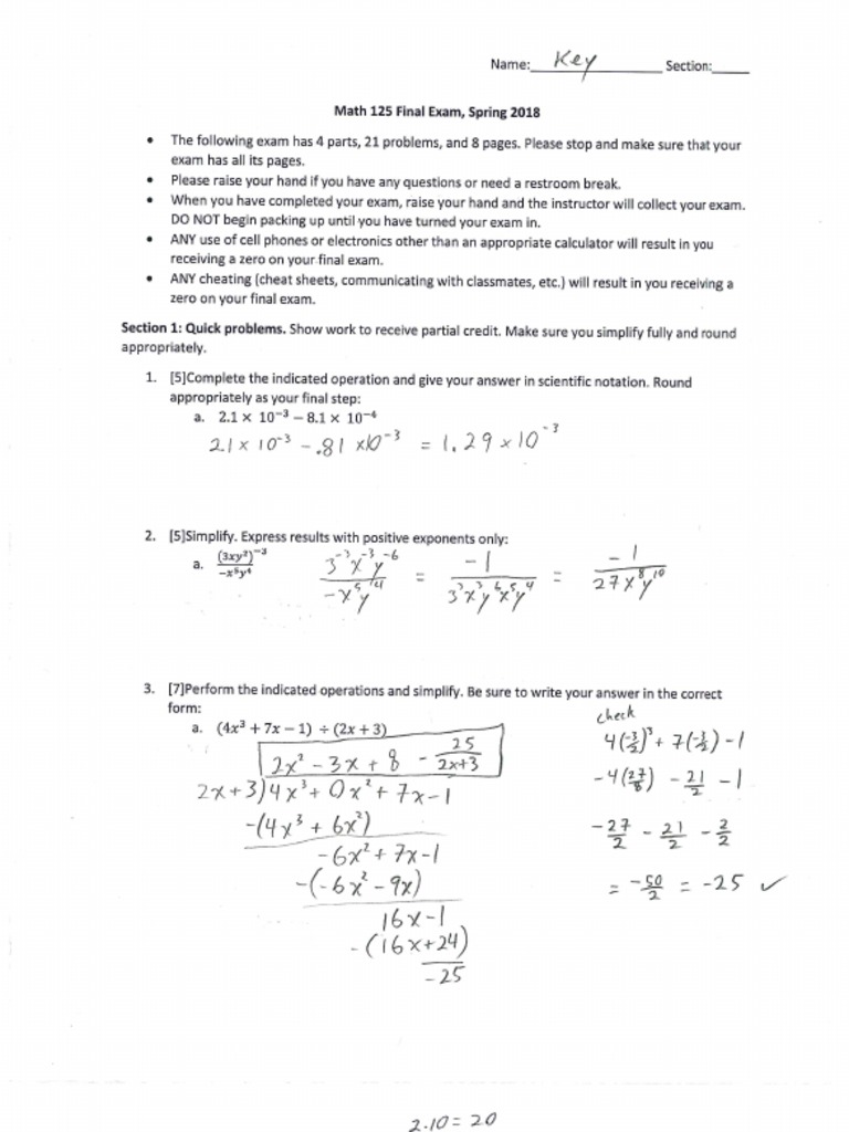 Math 125 Spring 2018 Final Exam Answer Key | PDF