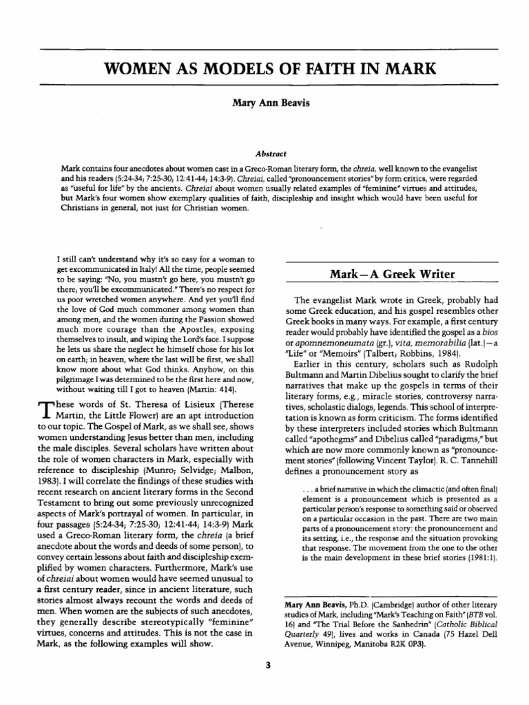 Beavis - Women As Models of Faith in Mark | PDF | Gospel Of Mark | Jesus