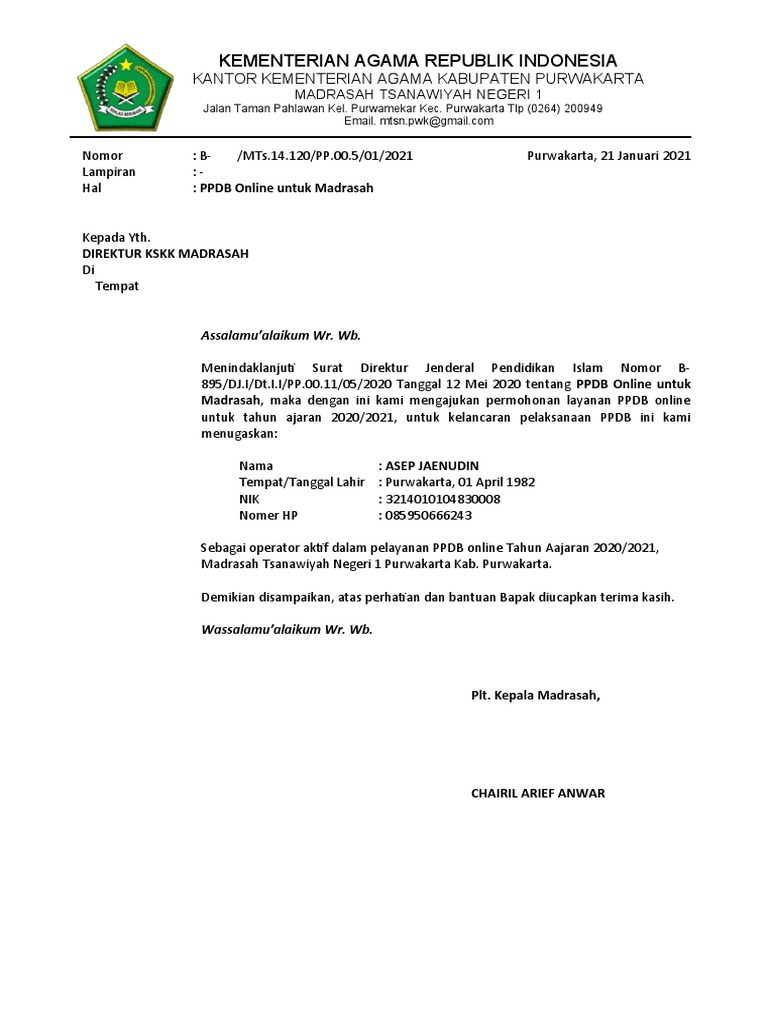 Contoh Surat Permohonan PPDB Online | PDF