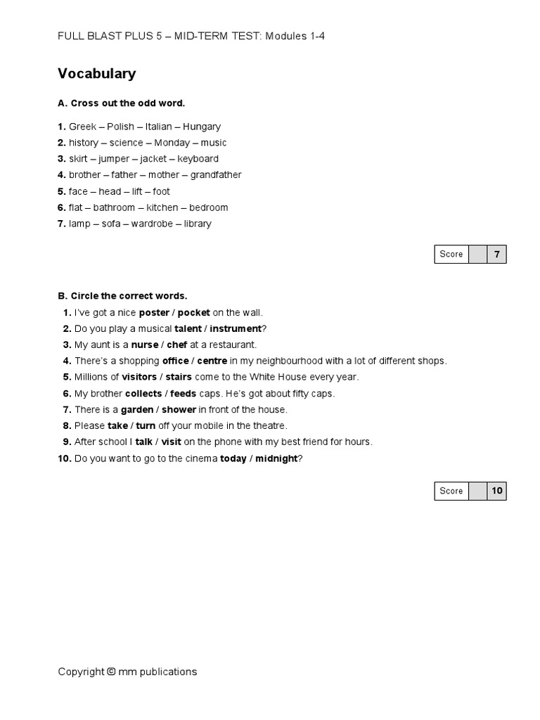 Vocabulary: Full Blast Plus 5 - Mid-Term Test: Modules 1-4 | PDF ...