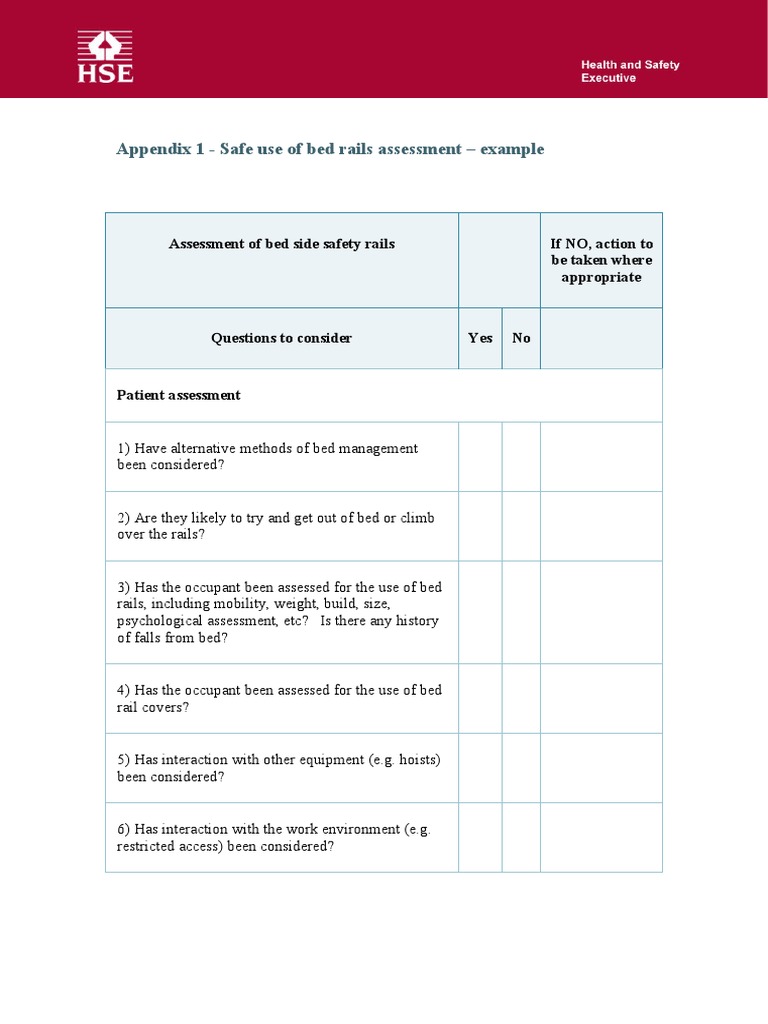 Appendix 1 - Safe Use of Bed Rails Assessment - Example | PDF | Bed ...