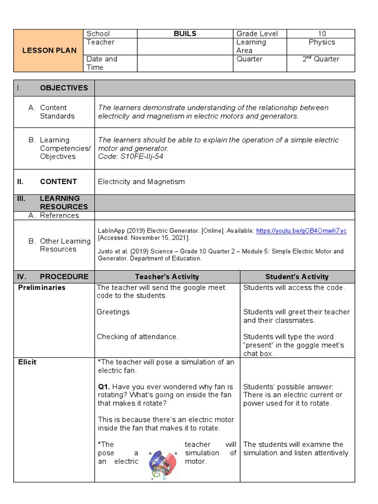 Grade 10 Lesson Plan Electricity and Magnetis | PDF | Electric ...