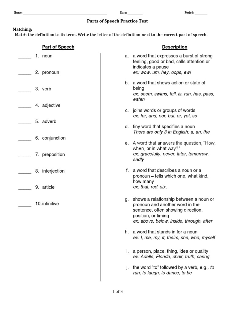 Parts of Speech Practice Test: Matching | PDF | Part Of Speech | Noun