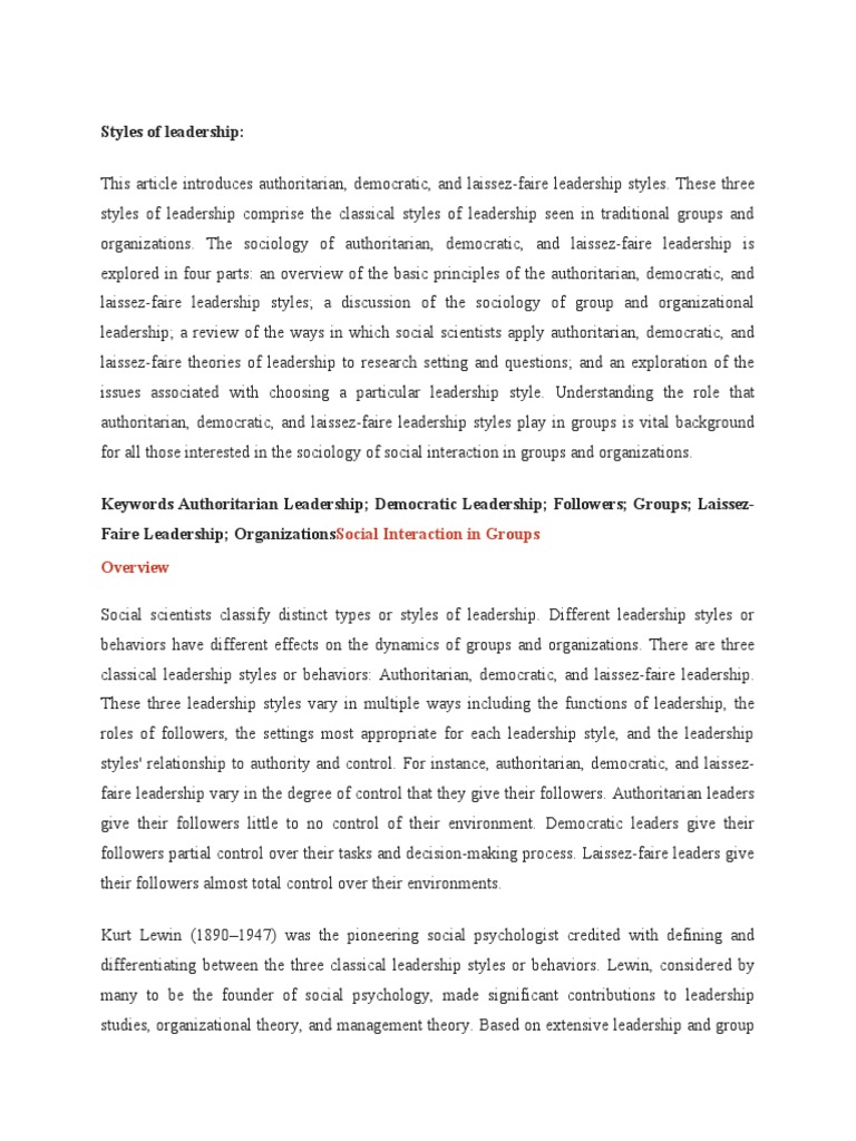 Styles of Leadership:: Social Interaction in Groups | PDF | Leadership ...