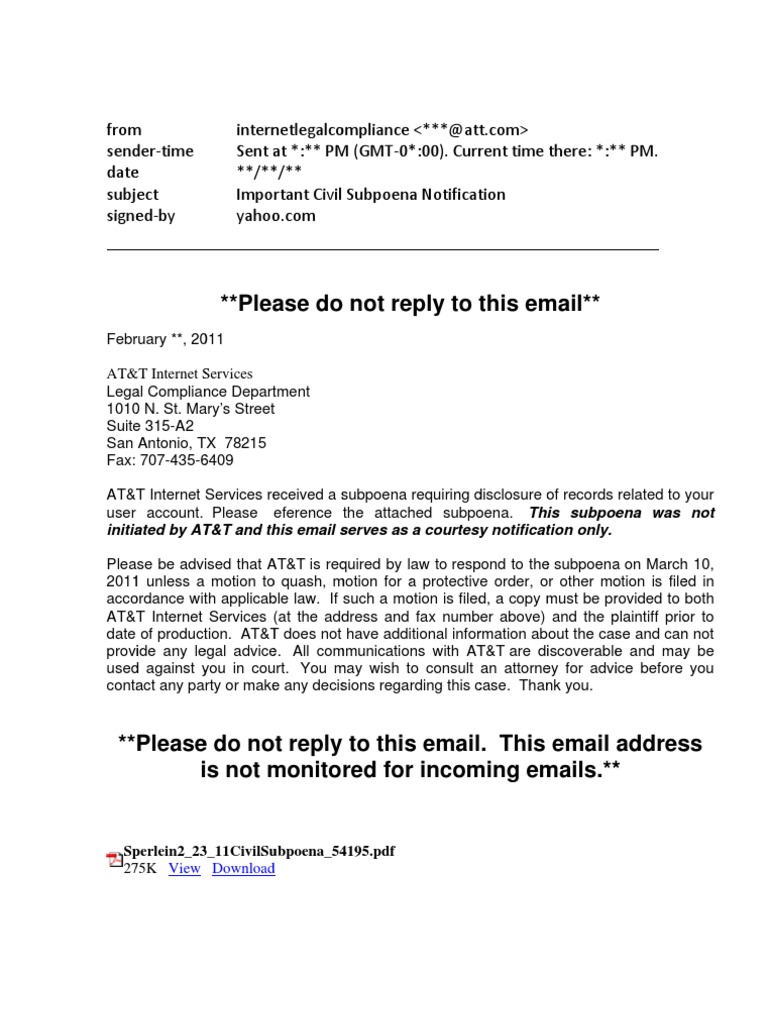 Email From ATT Regarding Subpoena | PDF | Cyberspace | Legal Communication