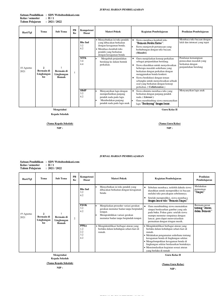 Jurnal Kelas 2 Tema 2 BDR | PDF