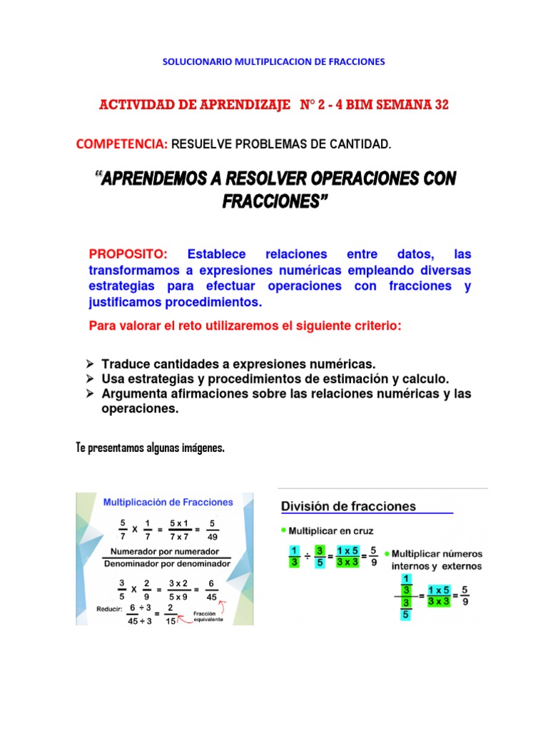 Solucionario de Multiplicacion de Fracciones 2do | PDF