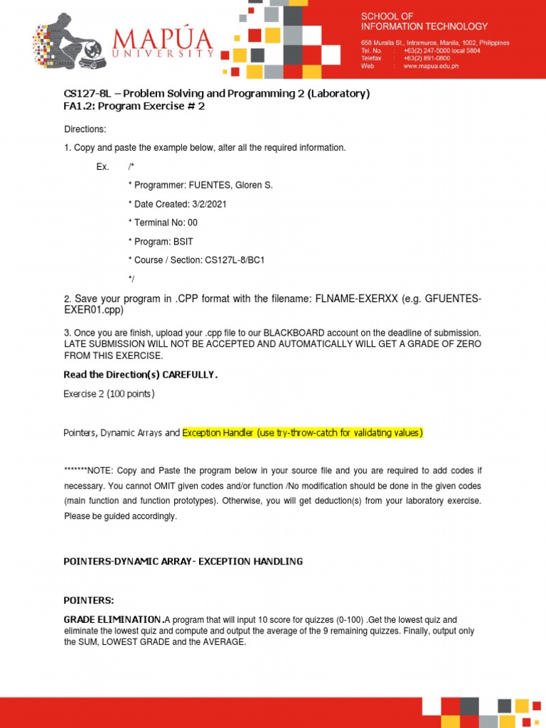 CS127-8L - Problem Solving and Programming 2 (Laboratory) FA1.2: Program Exercise # 2 | PDF ...