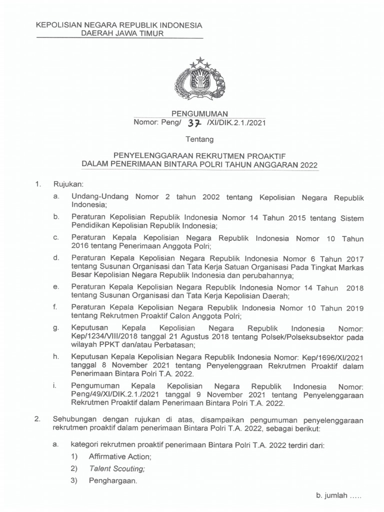 01 Pengumuman Rekrutmen Proaktif Dalam Penerimaan Bintara Polri Ta 2022 Panda Jatim - 211114 ...