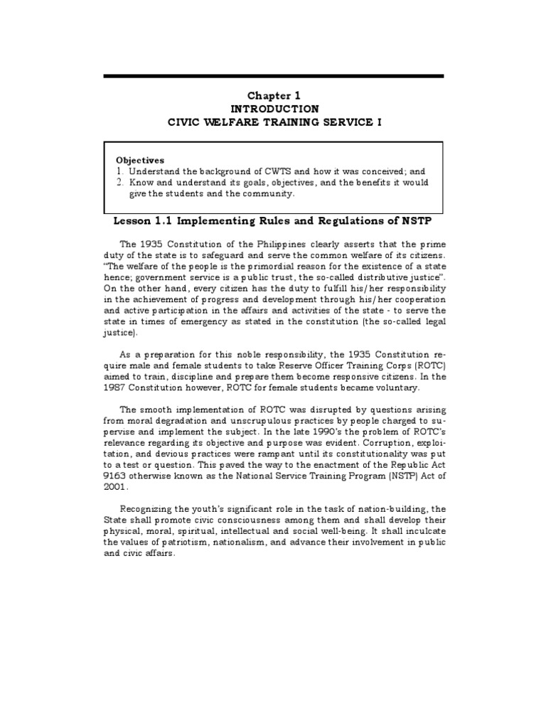 Civic Welfare Training Service I: Objectives | PDF | Reserve Officers ...
