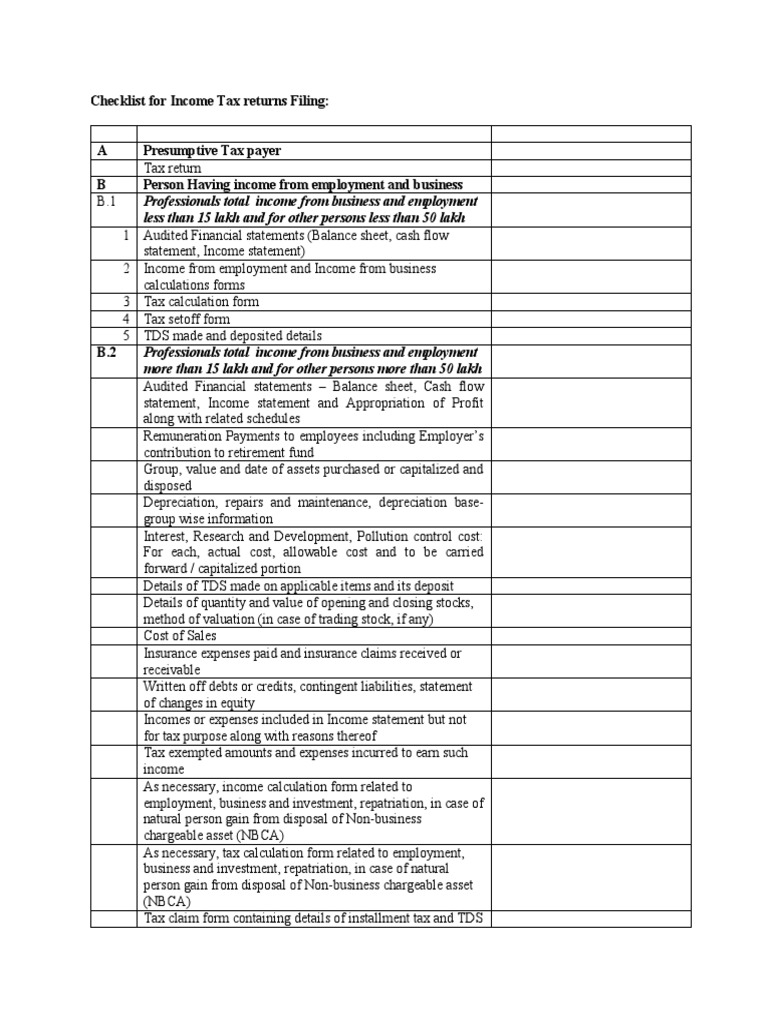 Checklist For Income Tax Returns Filing | PDF | Expense | Payments