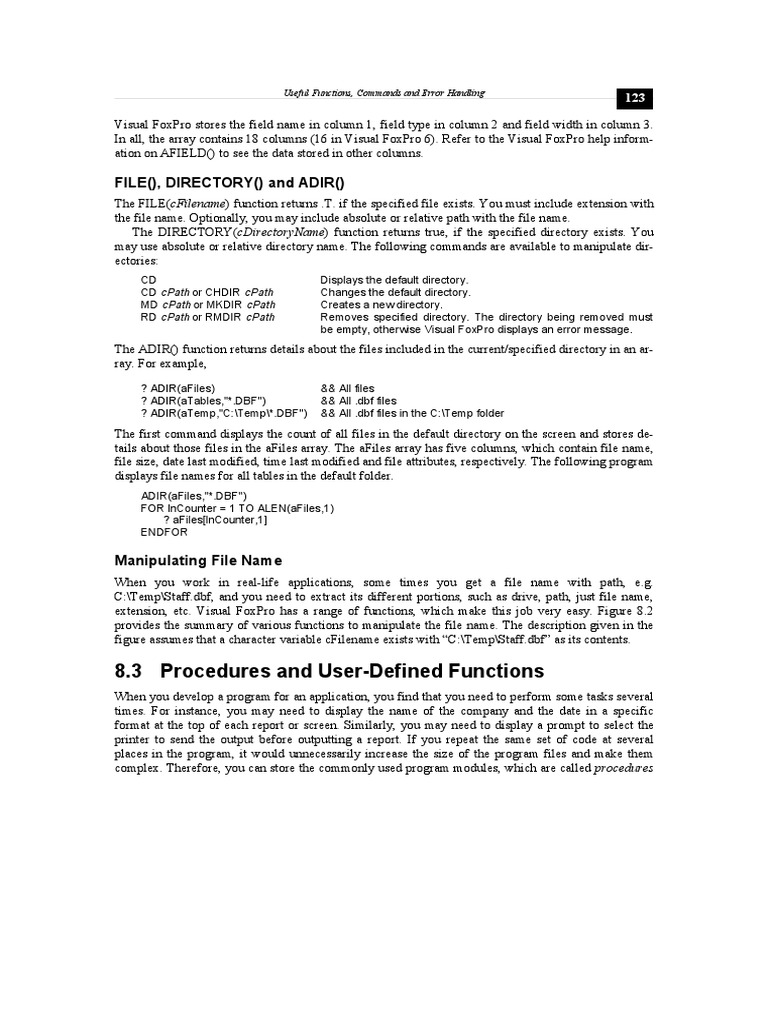 8.3 Procedures and User-Defined Functions: FILE, DIRECTORY and ADIR | PDF | Variable (Computer ...