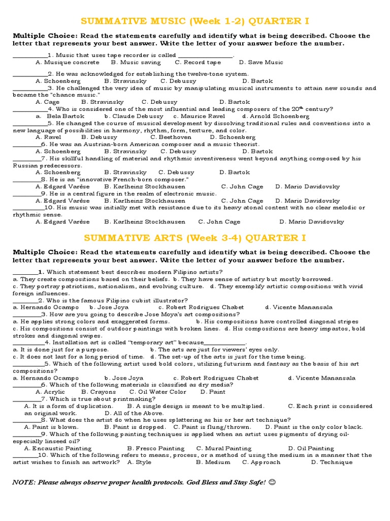 SUMMATIVE MUSIC AND ARTS With Answer Key | PDF | Paintings | Paint