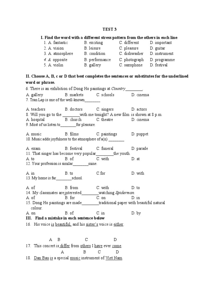 A. Opposite: Test 3 I. Find The Word With A Different Stress Pattern ...