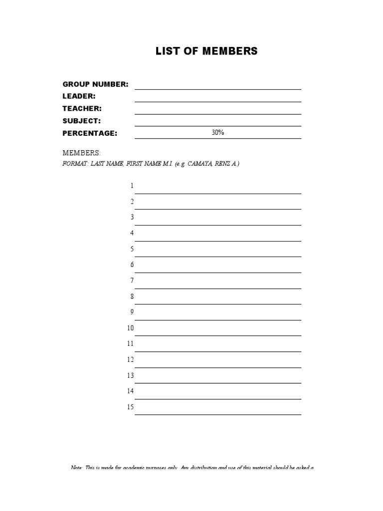 List of Members: Group Number: Leader: Teacher: Subject: Percentage: 30 ...