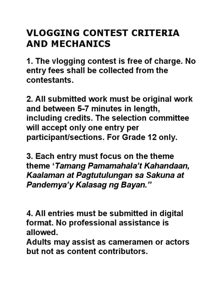 Vlogging Contest Criteria and Mechanics: Theme Tamang Pamamahala't ...