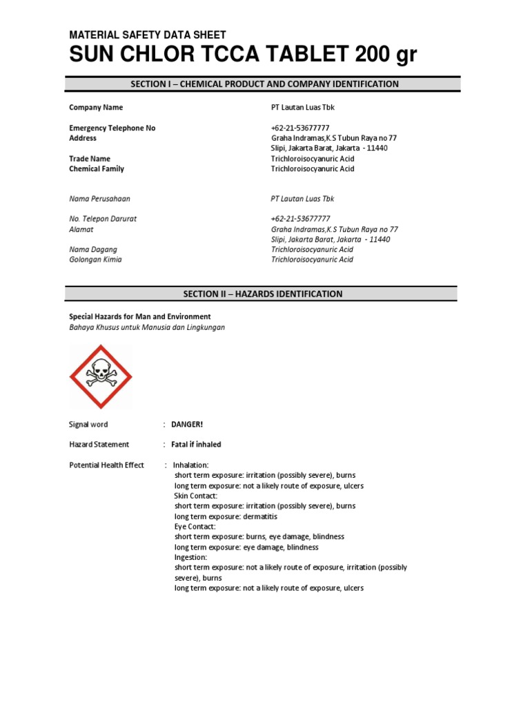 Msds Sun Chlor Tcca Tablet 200 GR | PDF | Toxicity | Nitrogen