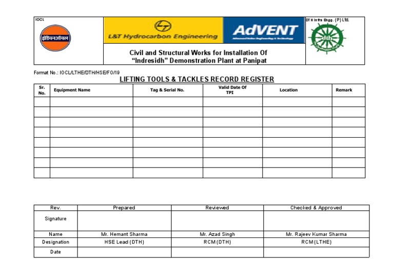 Lifting Tools & Tackles Record Register | PDF | Technology & Engineering