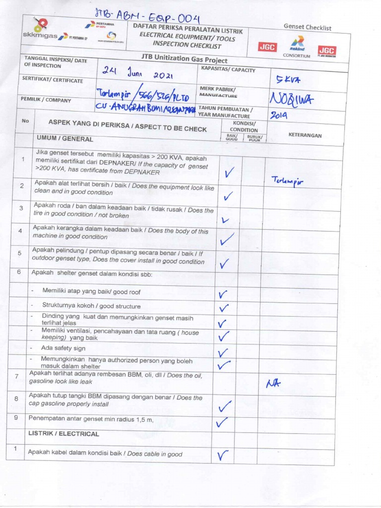 Checklist Genset 5 Kva CV Abn1 | PDF