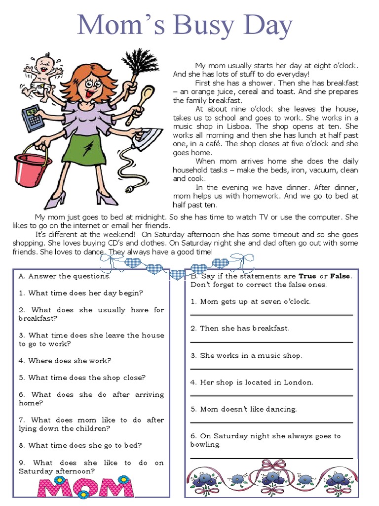 Moms Busy Day Reading Reading Comprehension Exercise | PDF