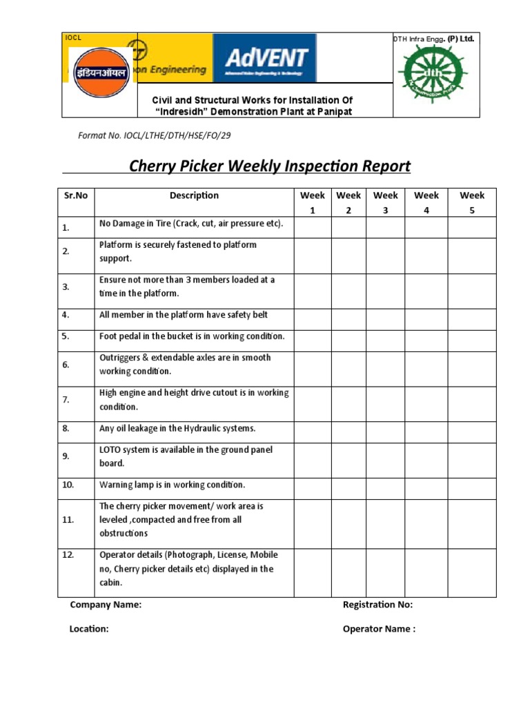 Cherry Picker Weekly Inspection Report: SR - No Description Week 1 Week ...