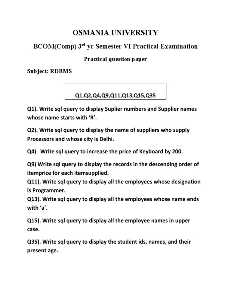Rdbms Practical QP | PDF