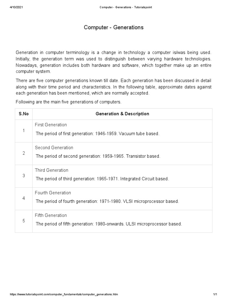 Computer - Generations - Tutorialspoint | PDF