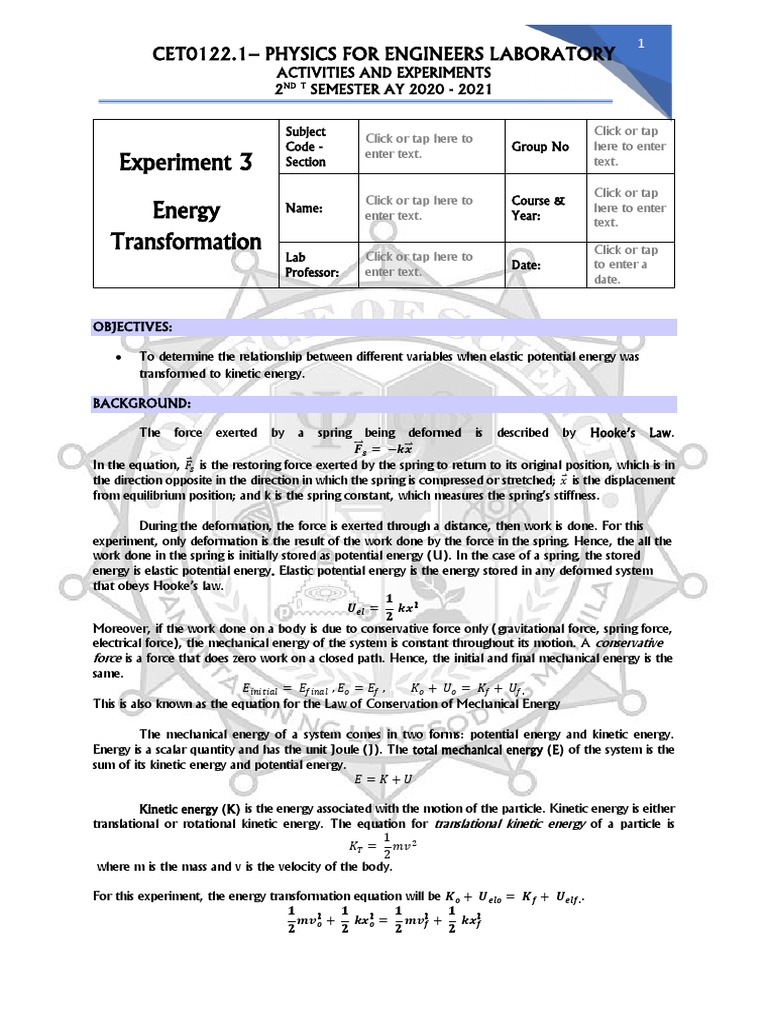 Energy Transformation in Springs Experiment | PDF | Force | Potential ...