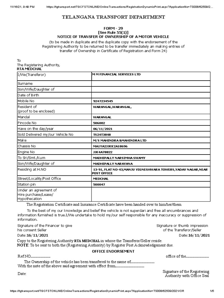 Telangana Transport Department: FORM - 29 (See Rule 55 (1) ) Notice of ...