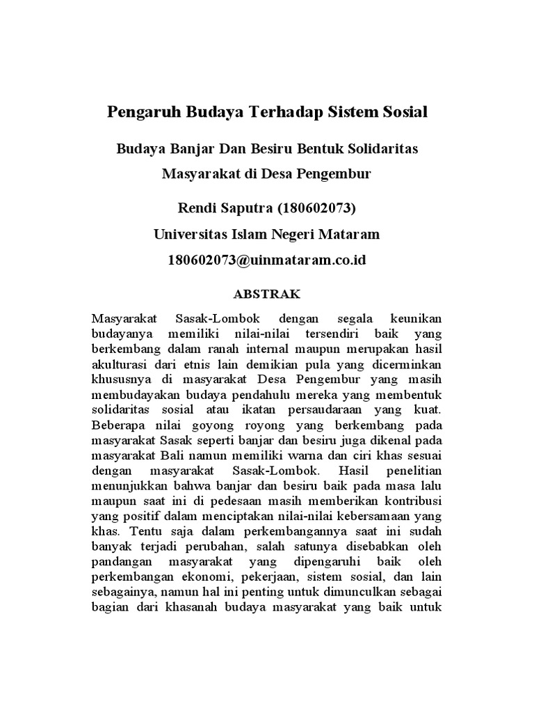 Rendi Saputra. Sistem Sosial Masyarakat NTB | PDF