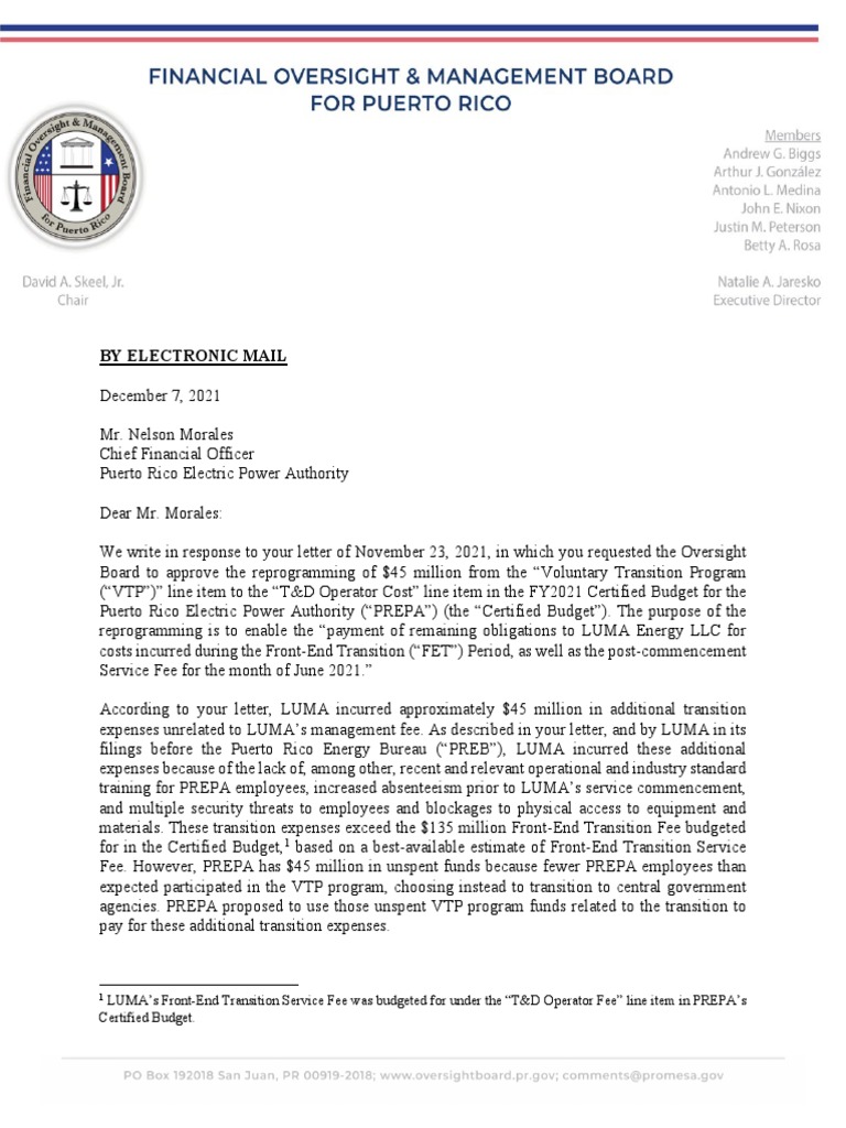 FOMB - Letter - PREPA - FY2021 Budget Reprogramming Letter - FET Fee ...