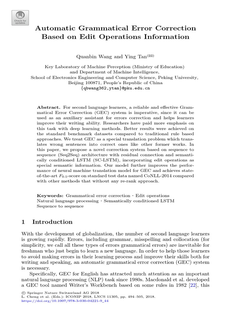 Automatic Grammatical Error Correction Based On Edit Operations Information | PDF | Statistical ...